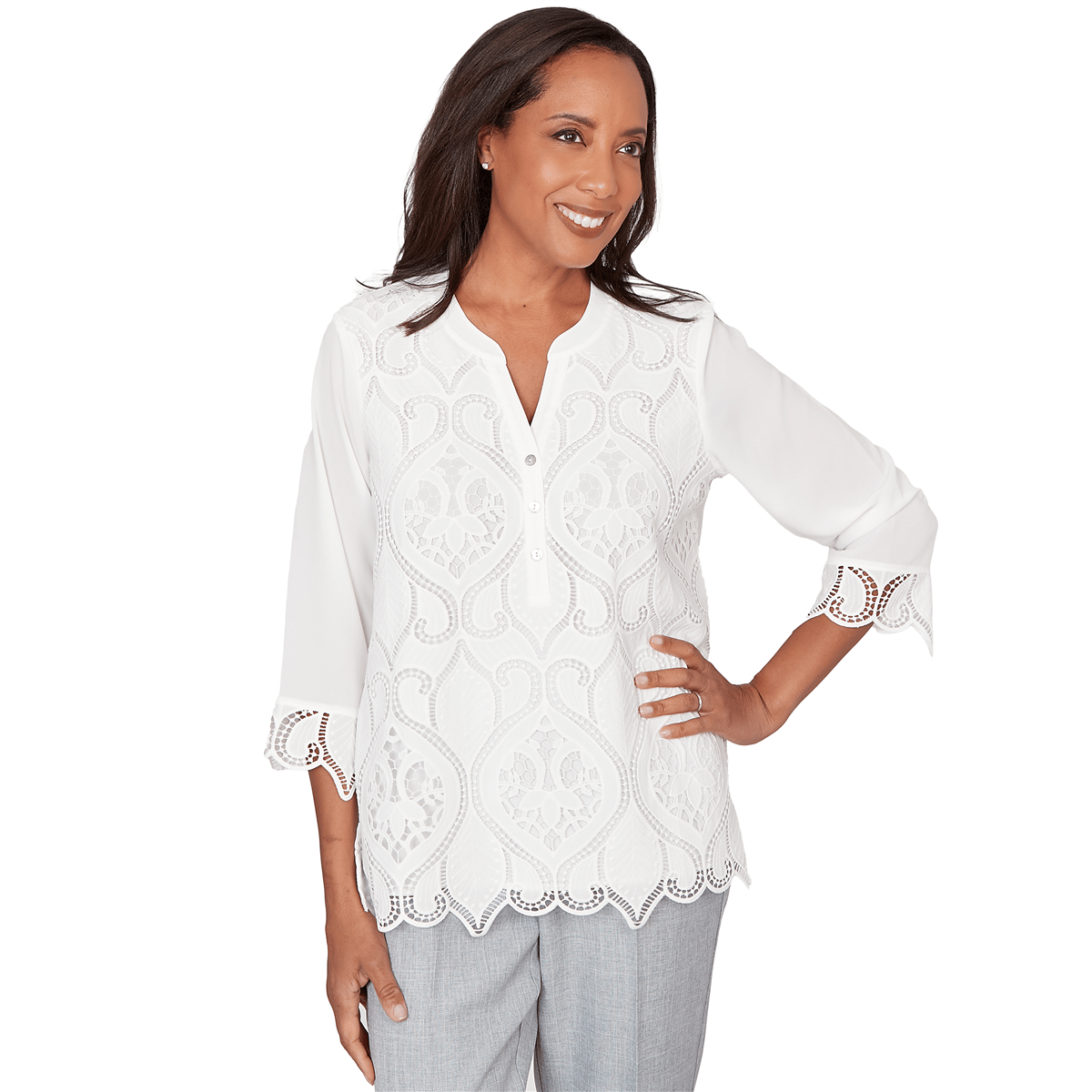 Alfred Dunner Womens Al Fresco Lace Cut Out Front Henley Top - White