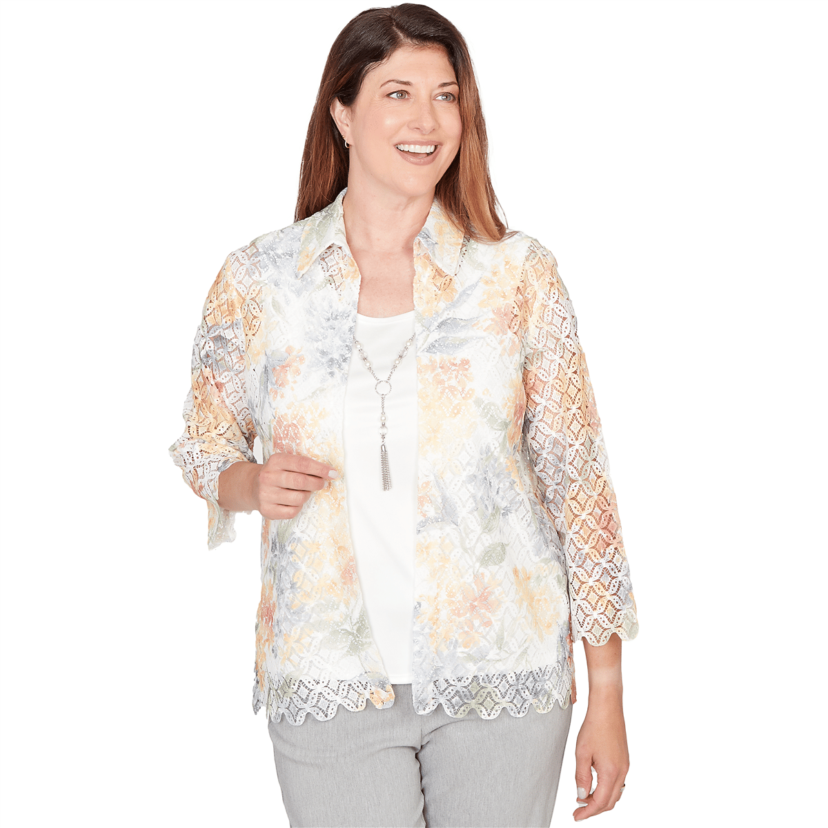 Alfred Dunner Womens Al Fresco Lace Floral Two In One Top with Necklace - Multi Yellow