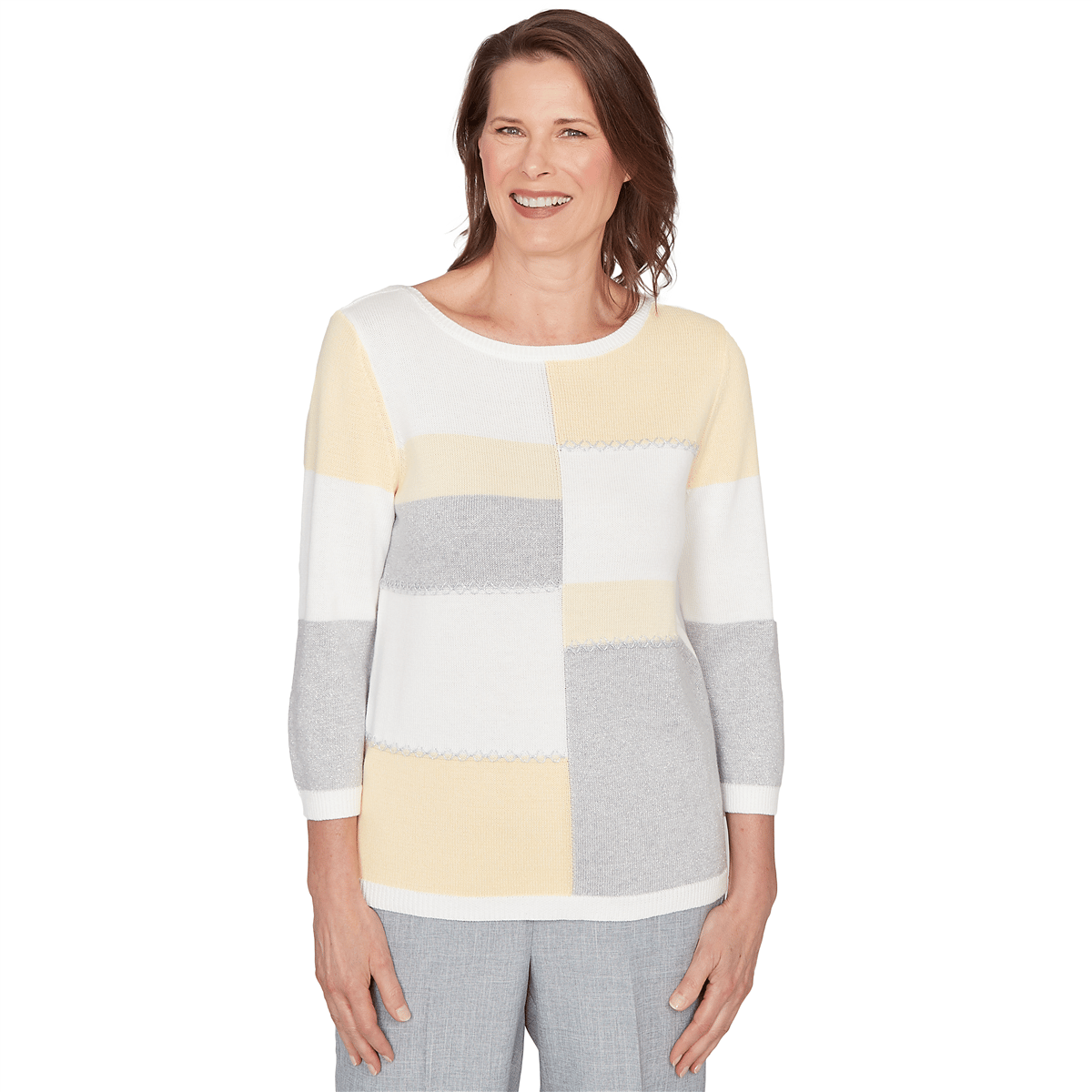 Alfred Dunner Womens Al Fresco Ribbed Colorblock Jewel Neck Sweater - Multi Yellow