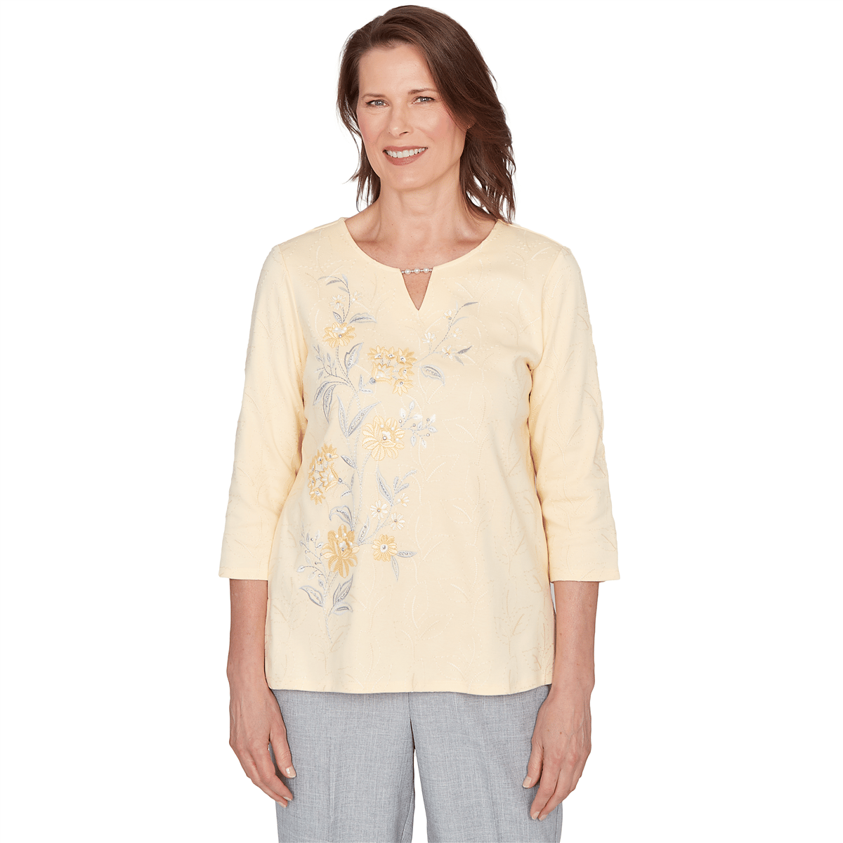Alfred Dunner Petite Asymmetrical Floral Embroidered Split Neck Top - Daffodil