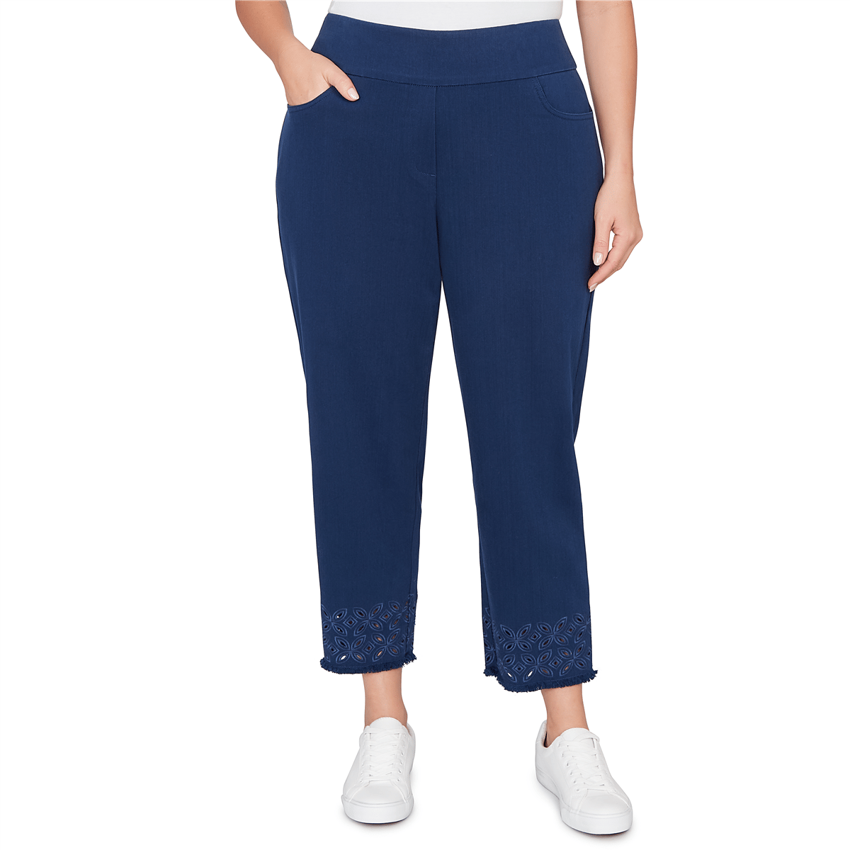 Alfred Dunner Plus Size Mykonos Geometric Embroidered Super Stretch Denim Ankle Pants - Mosaic Blue