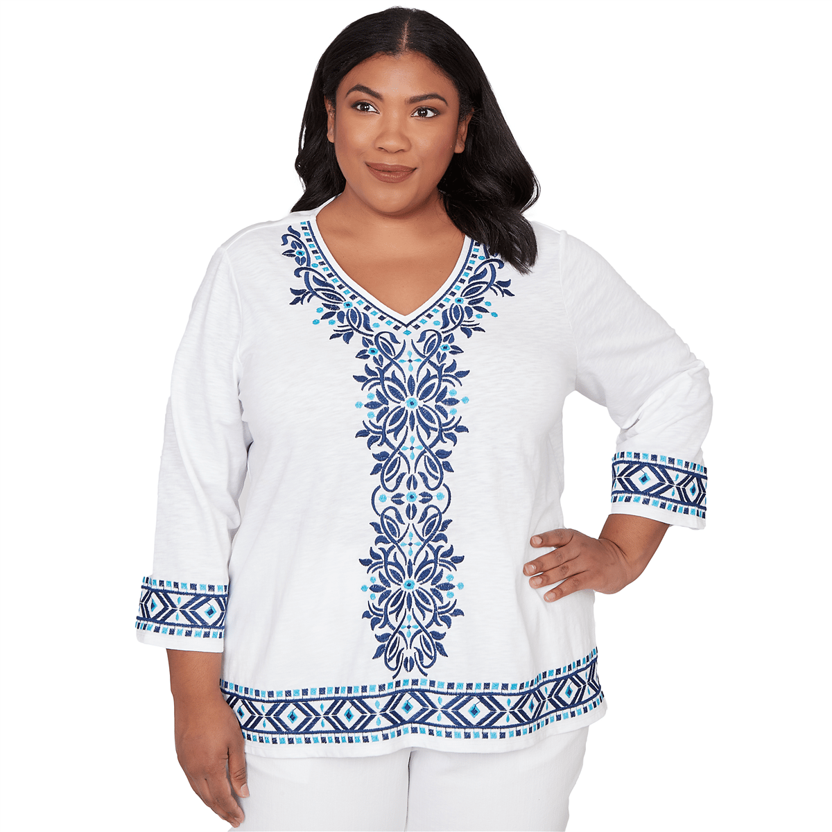 Alfred Dunner Plus Size Mykonos Scroll Embroidered V Neck Top - White