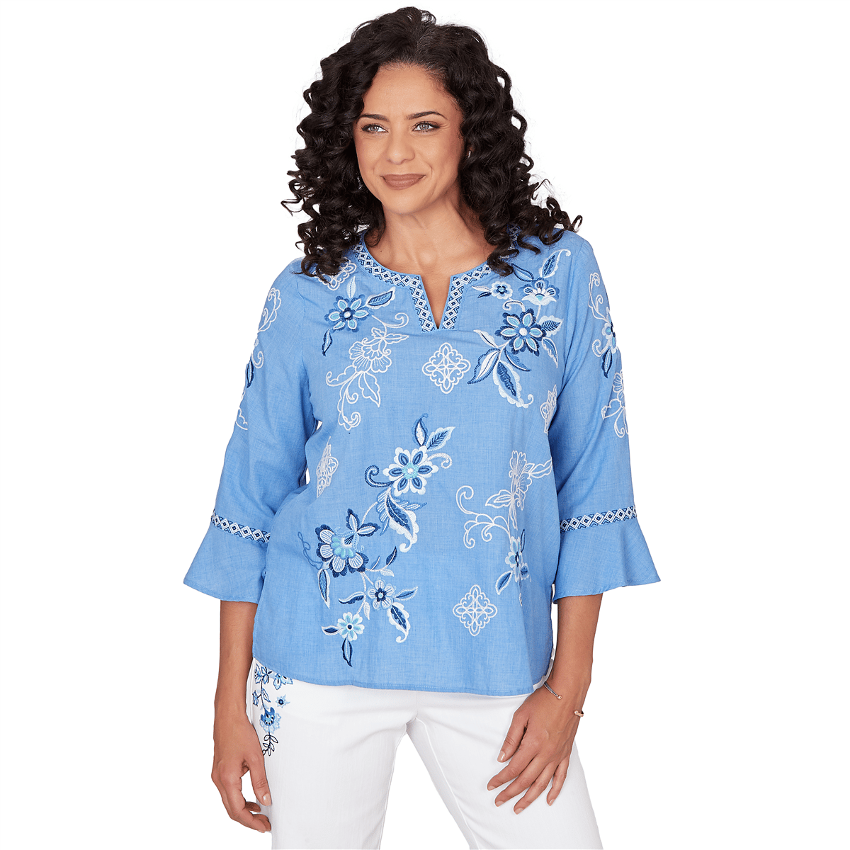 Alfred Dunner Petite Mykonos Floral Textured Embroidered Split Neck Top - Light Blue
