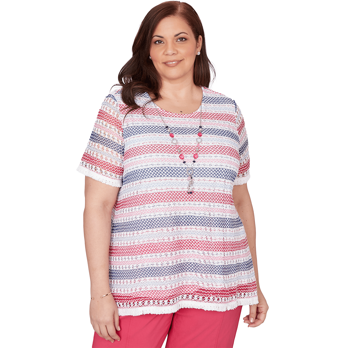 Alfred Dunner Plus Size The Royal Treatment Biadere Fringe Textured Top with Necklace - Pink Multi