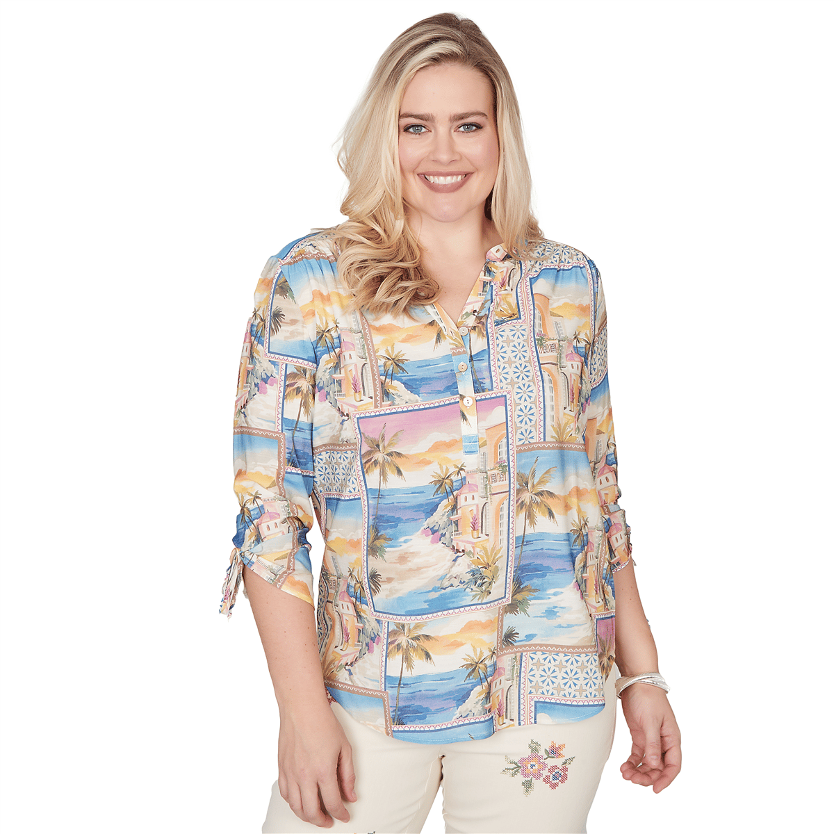 Alfred Dunner Womens Beachcomber Postcard Print Tie Sleeve Henley Top - Blue Multi