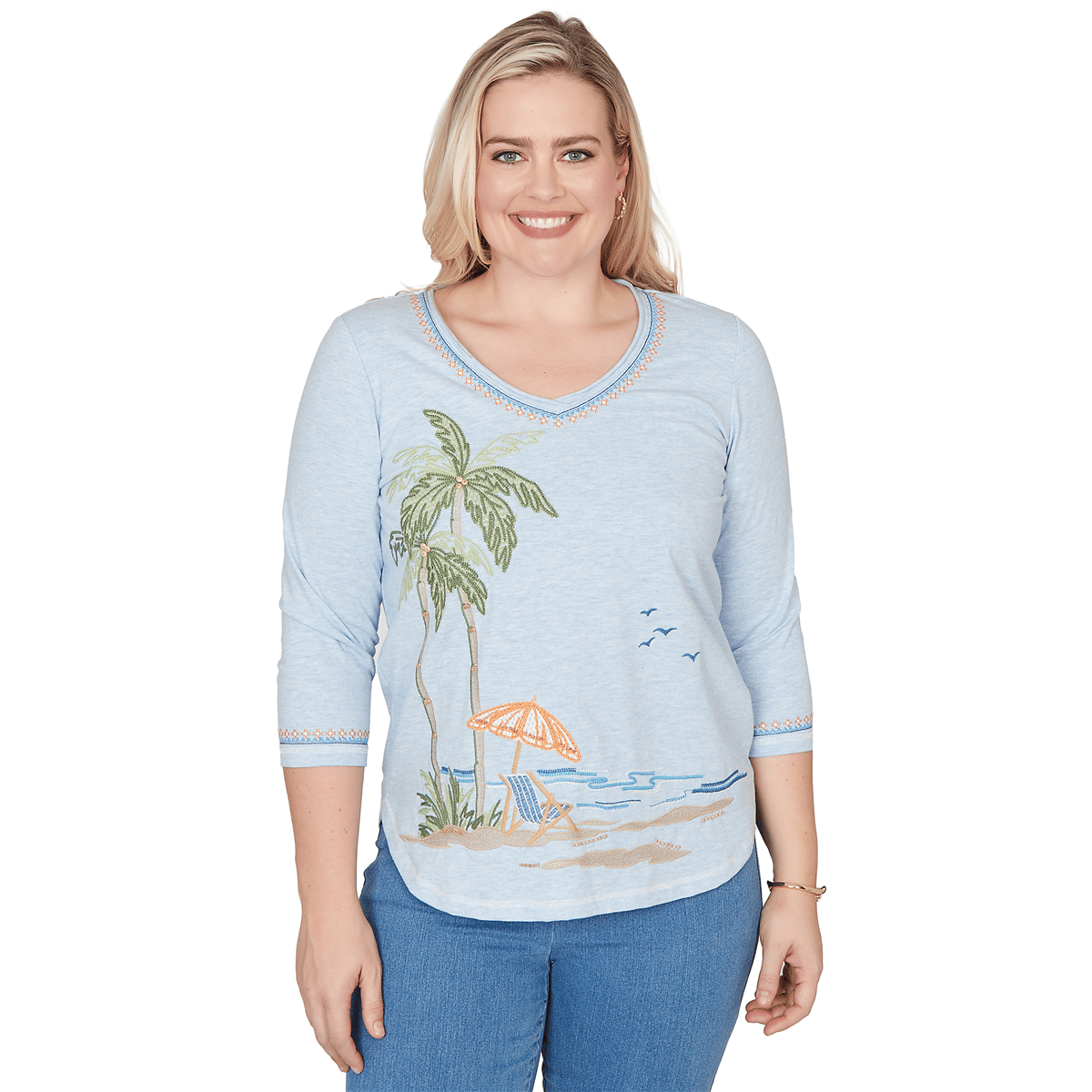 Alfred Dunner Womens Beachcomber Scenic Palm Tree Embroidered Top - Light Blue