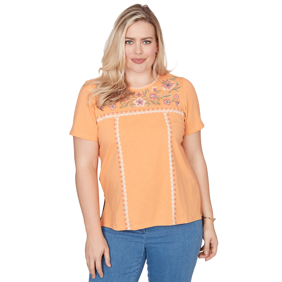 Alfred Dunner Womens Beachcomber Embroidered Floral Neck Short Sleeve T-shirt - Apricot
