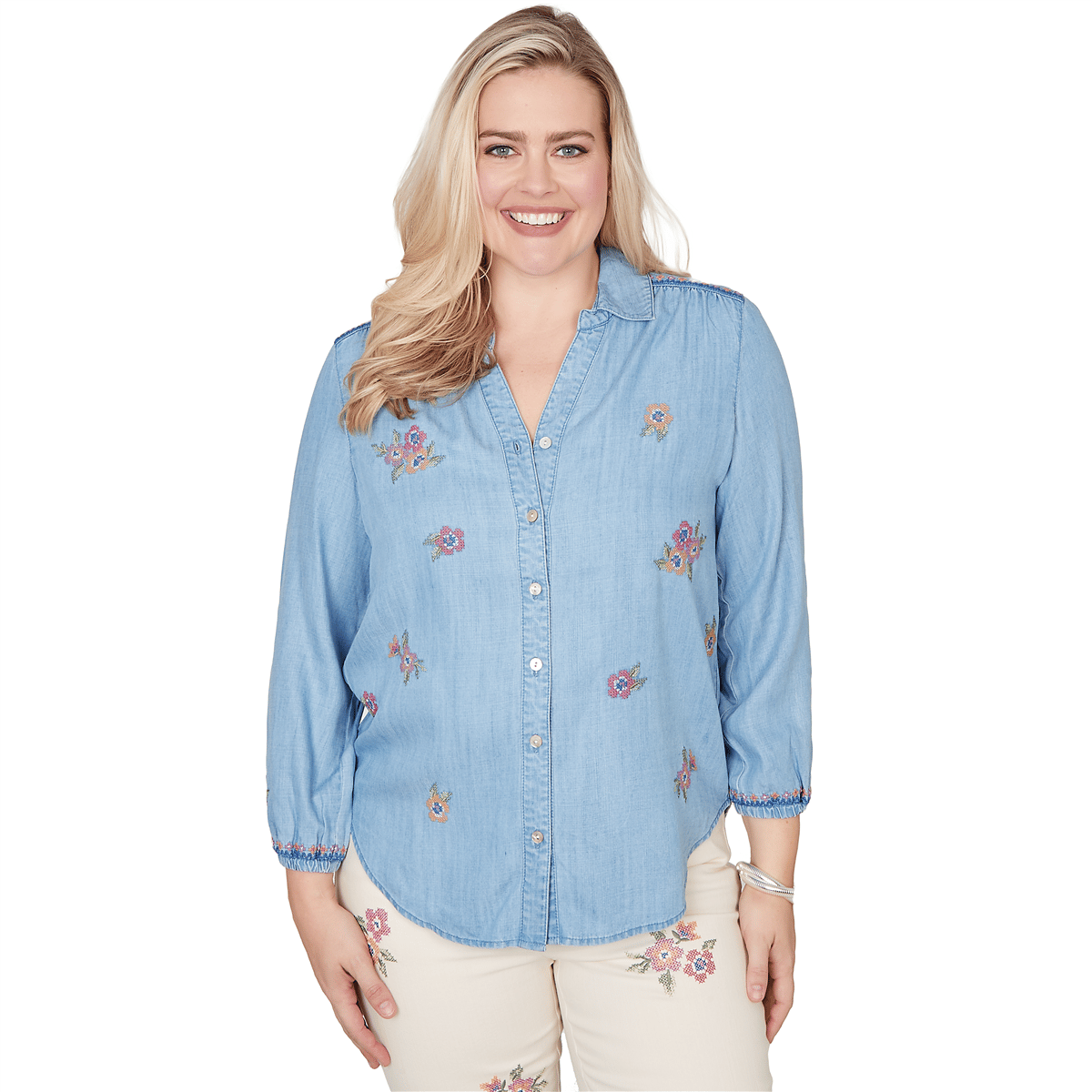 Alfred Dunner Plus Size Beachcomber Floral Embroidered Button front closure Top - Light Blue