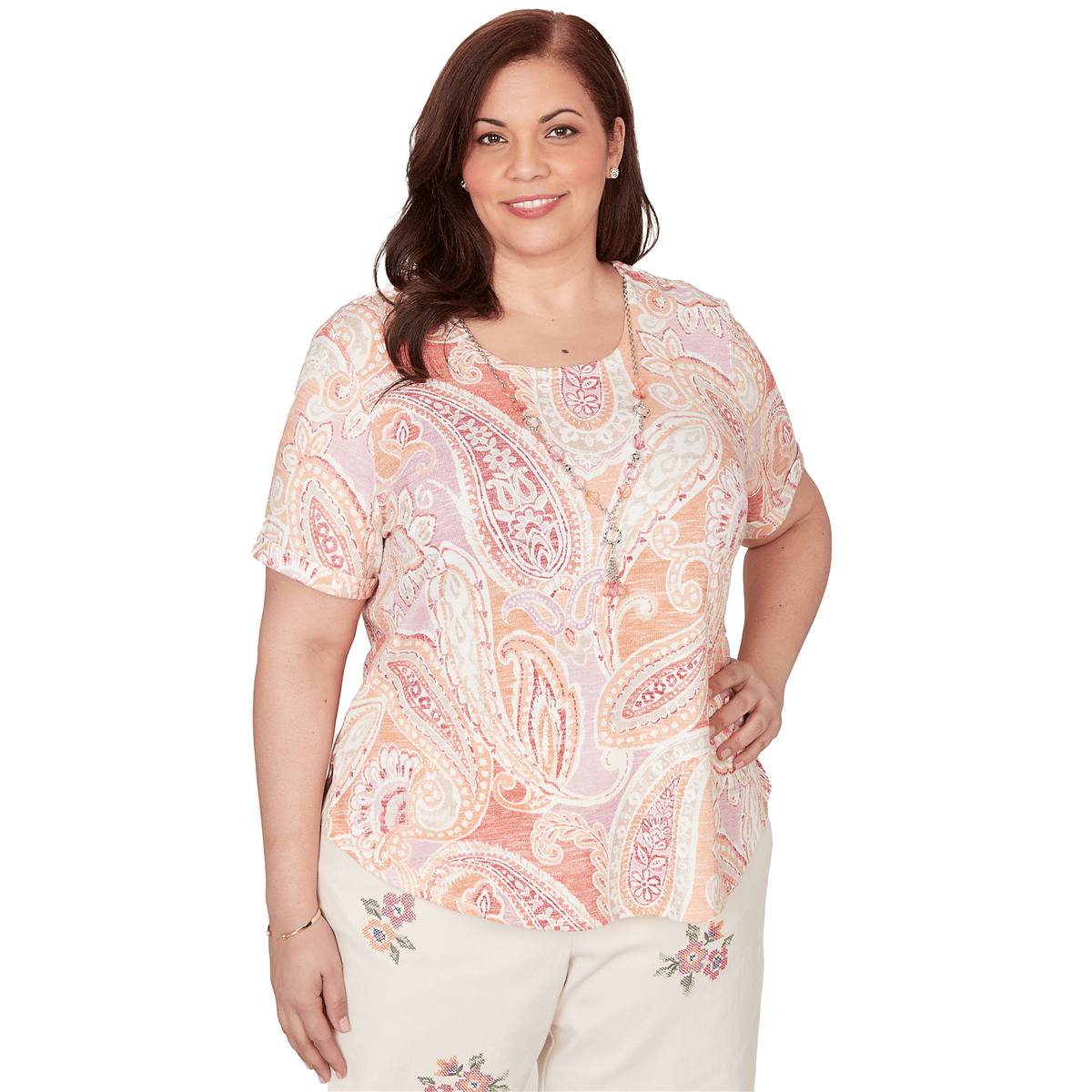 Alfred Dunner Plus Size Beachcomber Paisley Short sleeves T-shirt with Necklace - Apricot