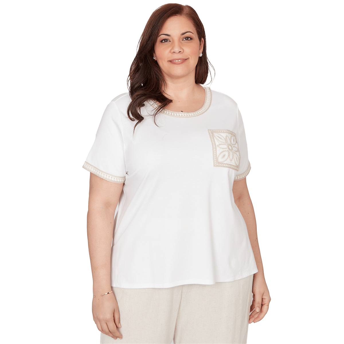 Alfred Dunner Plus Size Natural Wonder Crochet Pocket Short sleeve T-shirt - White