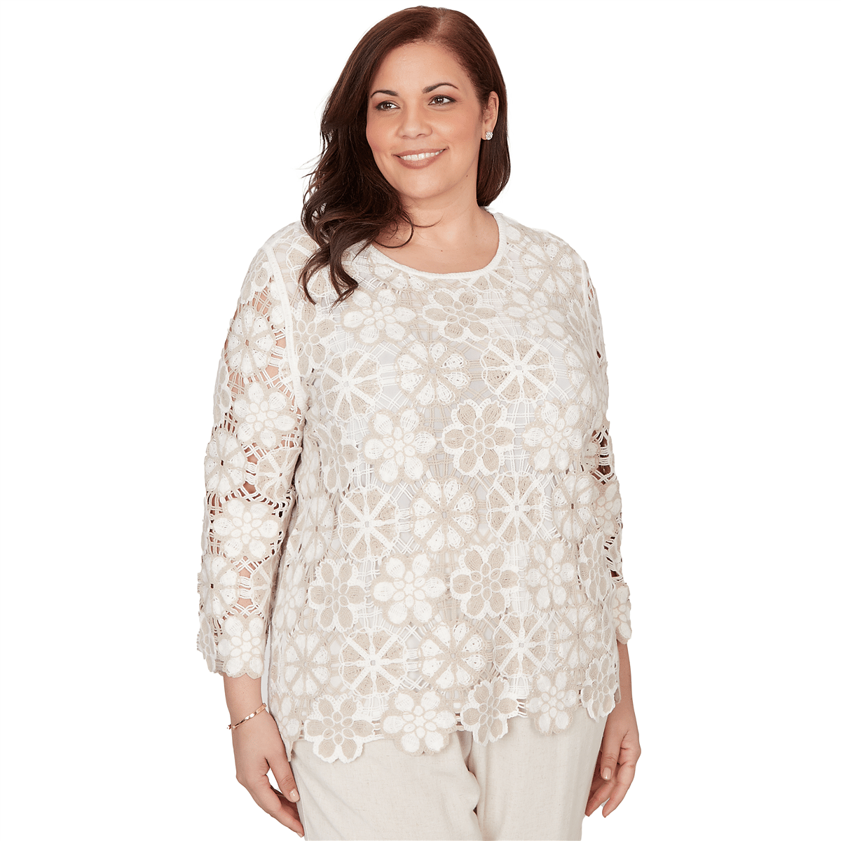 Alfred Dunner Plus Size Natural Wonder Floral Crochet Three Quarter Sleeve Top - Neutral Multi