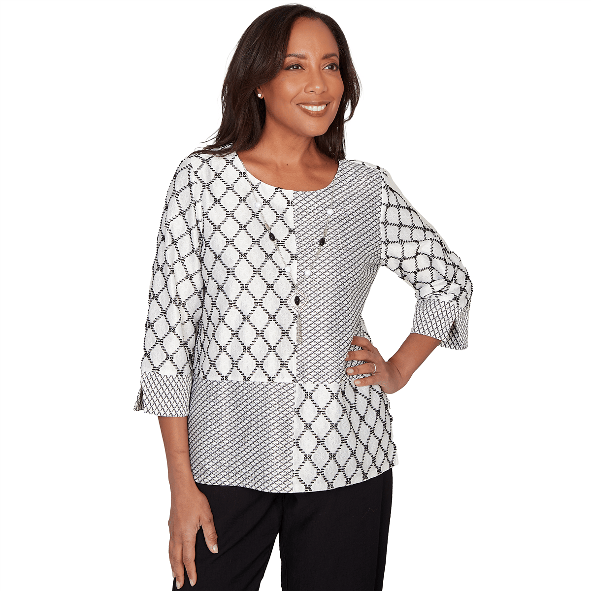 Alfred Dunner Petite Crowd Pleaser Spliced Diamond Textured Top - Black/White