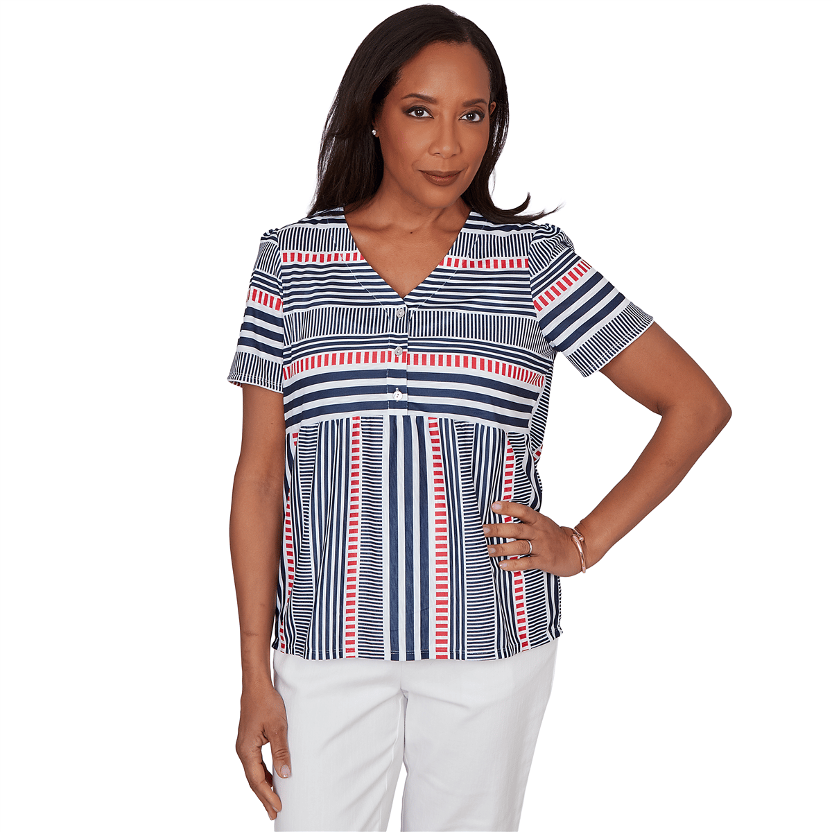 Click here for Womens Alfred Dunner Port Side V Neck Splice Strip... prices