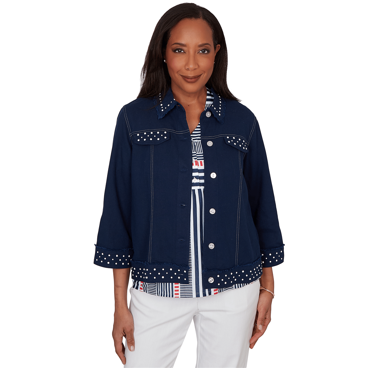 Click here for Petite Alfred Dunner Port Side Pearl Trim Denim Ja... prices