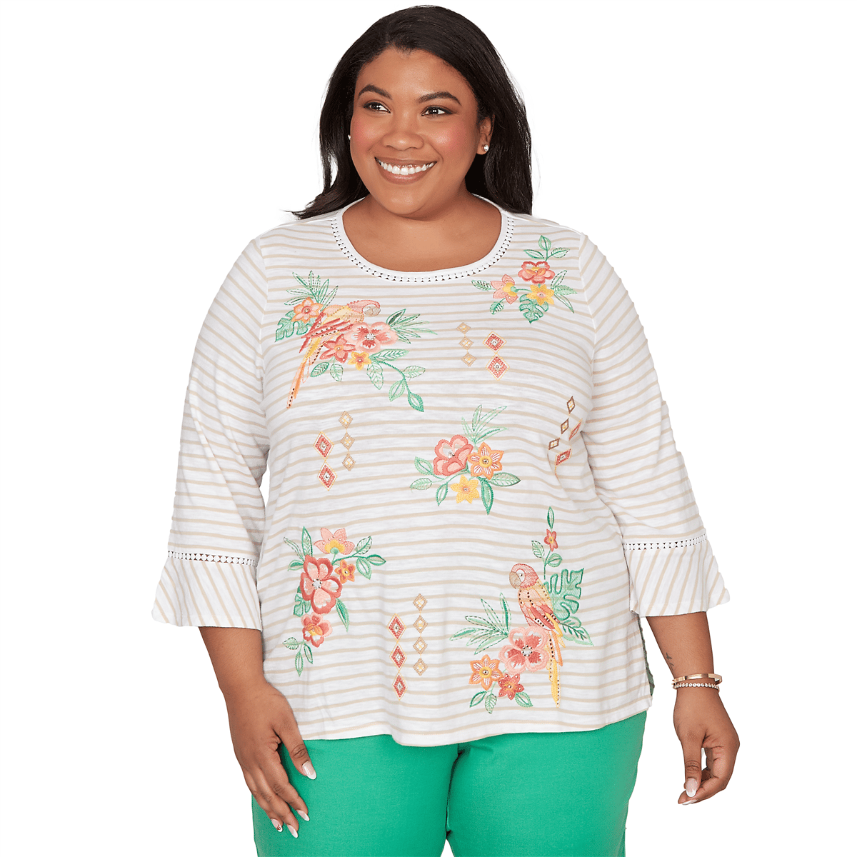 Alfred Dunner Plus Size Resort Living Parrot Stripe Embroidered Top - Orange Multi