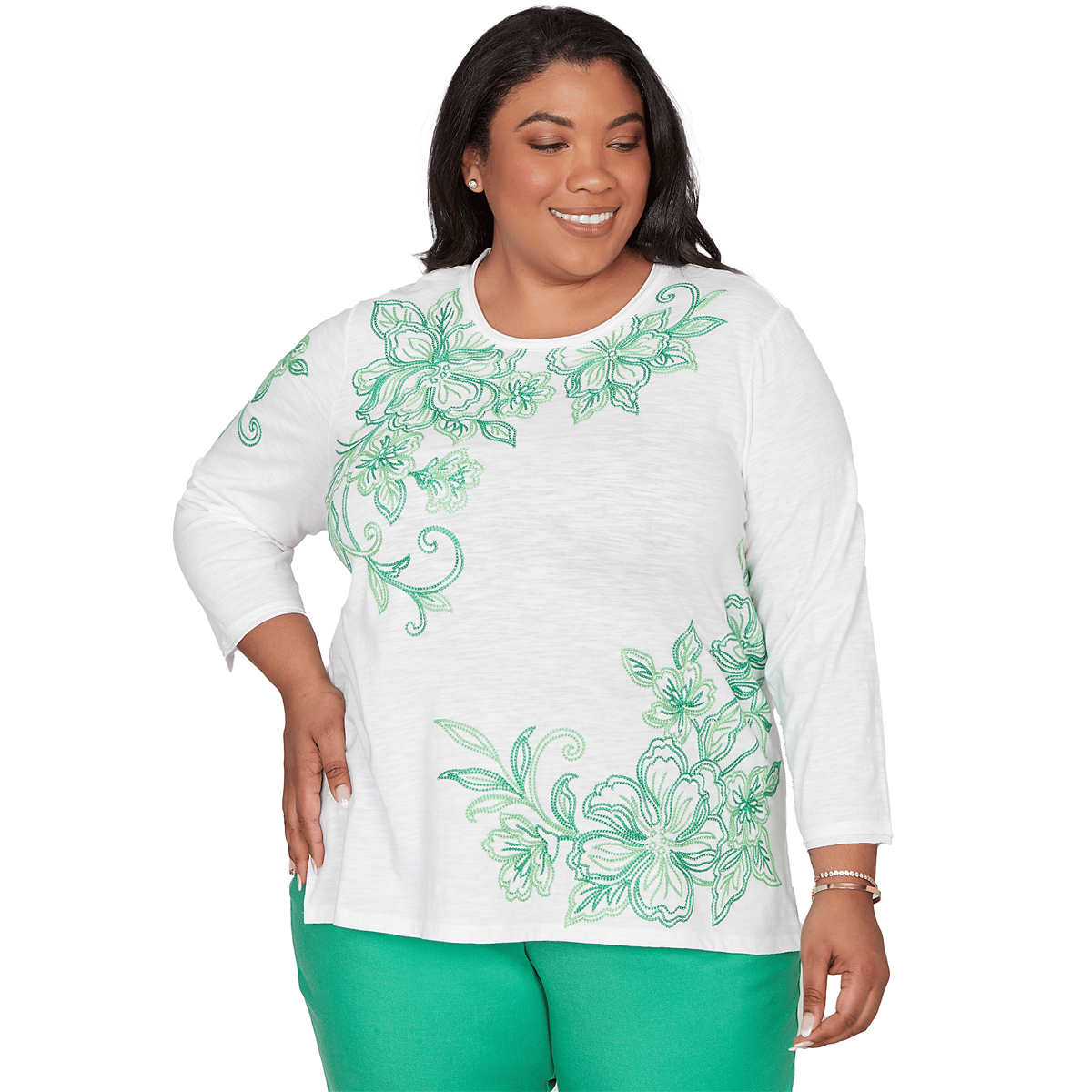 Alfred Dunner Plus Size Resort Living Tropical Flower Embroidered Top - White