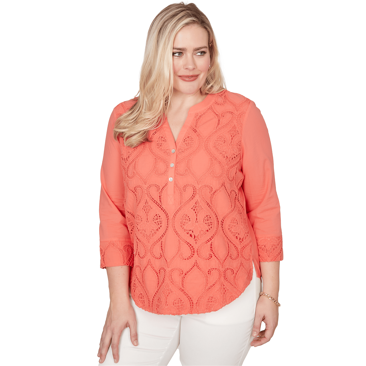 Click here for Petite Alfred Dunner Resort Living Lace Scroll Hen... prices