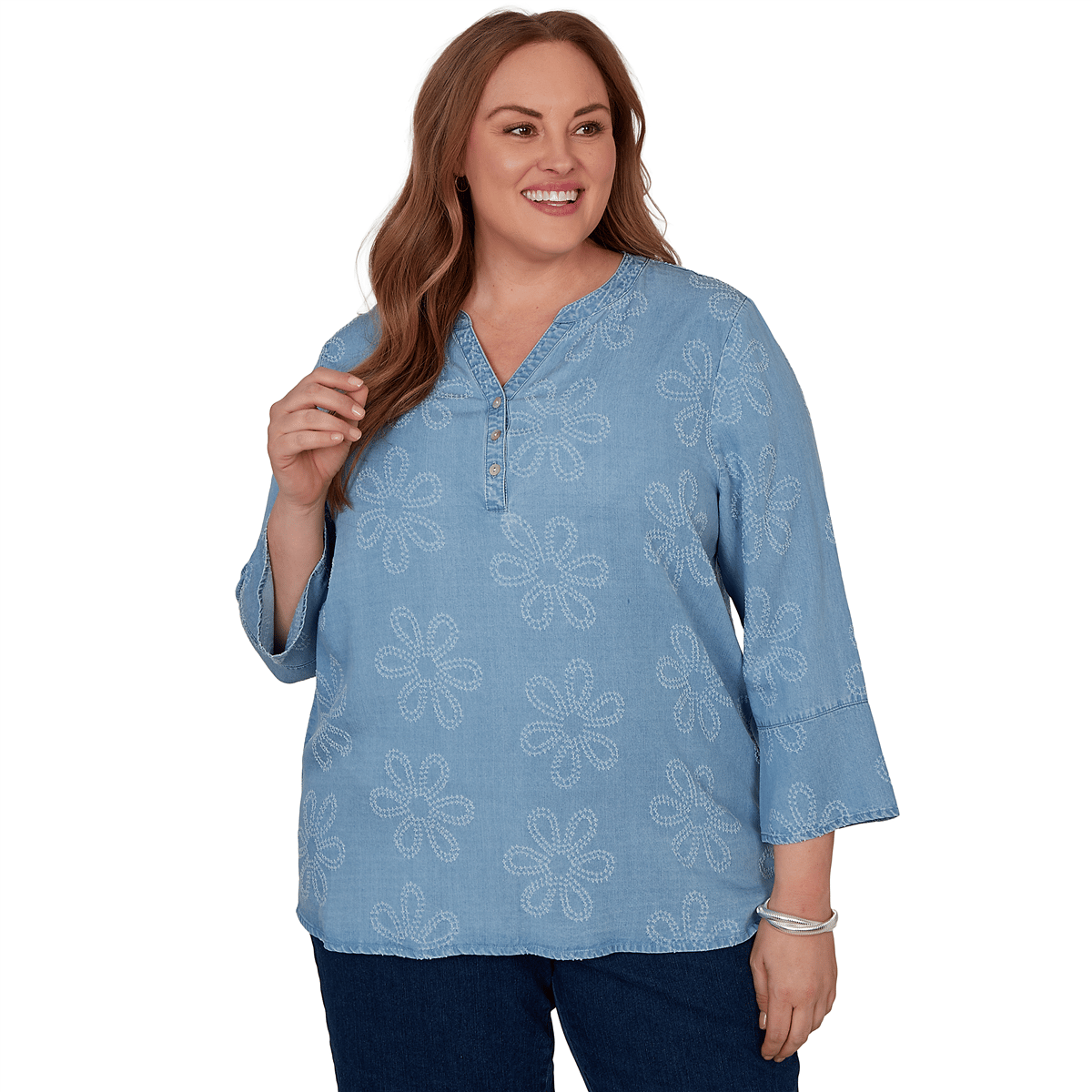 Alfred Dunner Plus Size Camden Market Tonal Embroidered Soft Henley Top - Blue