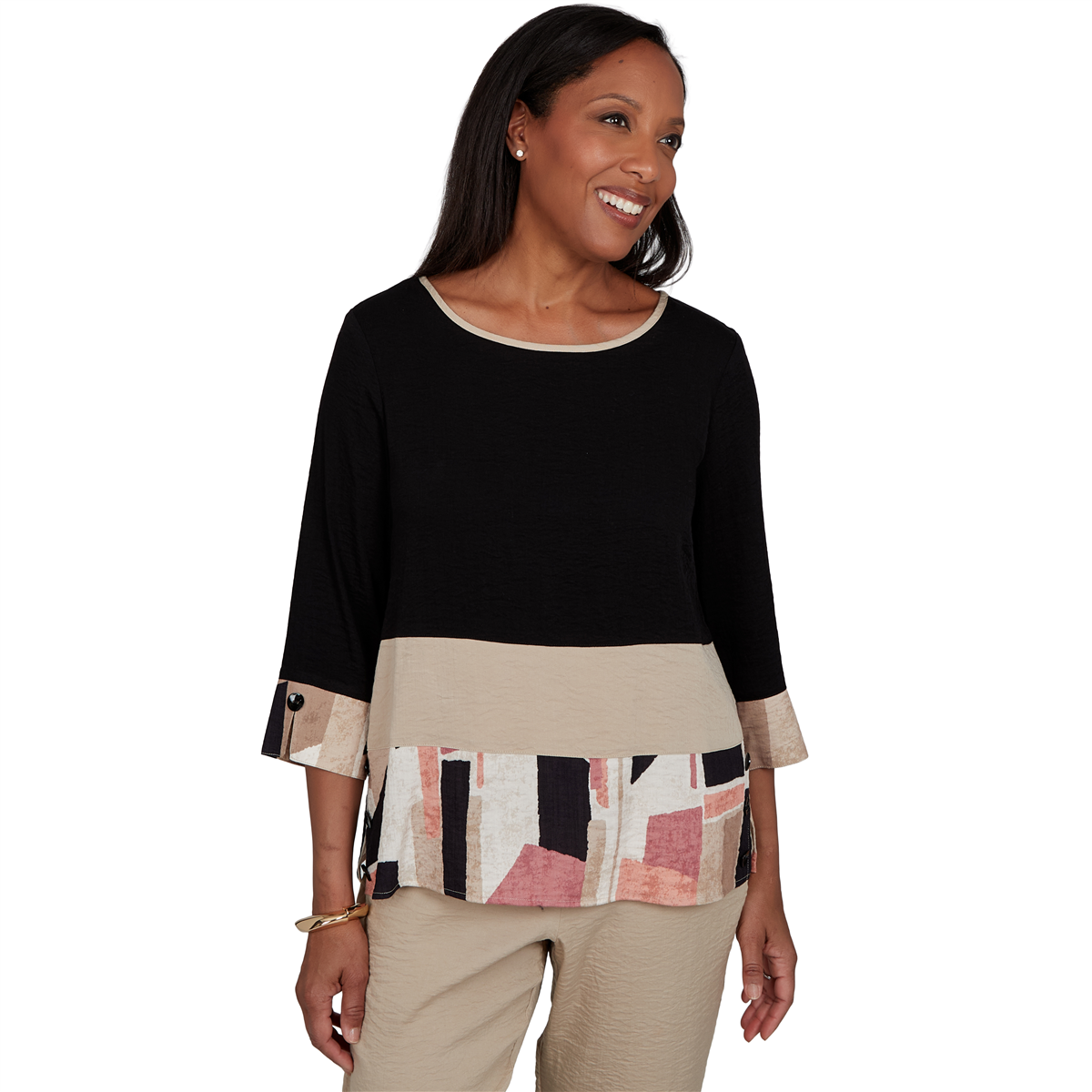Alfred Dunner Womens Travel Advisory Spliced Patchwork Woven Top - Neutral Multi