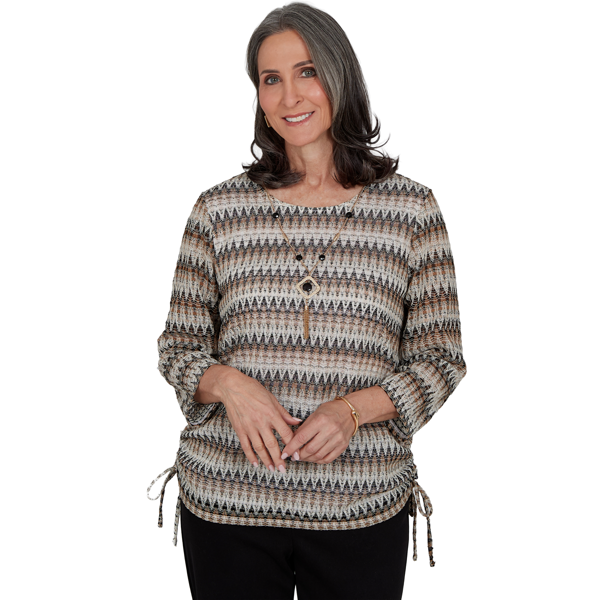 Alfred Dunner Womens Travel Advisory Biadere Textured Top With Necklace - Neutral Multi