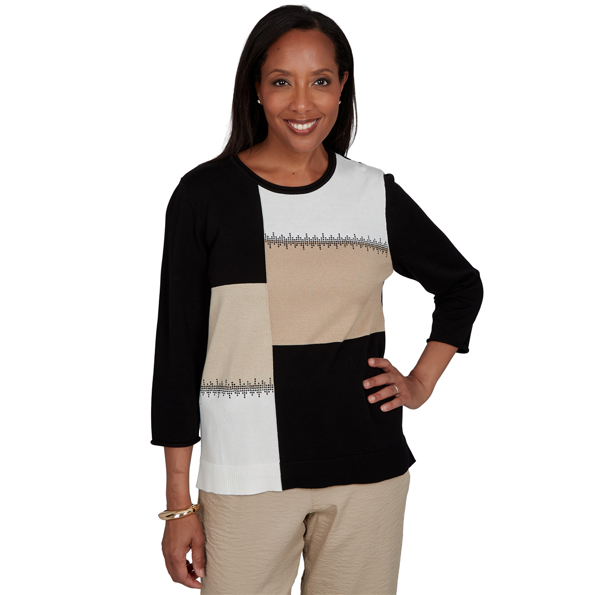 Alfred Dunner Womens Travel Advisory Neutral Colorblock Embellished Sweater - Neutral Multi