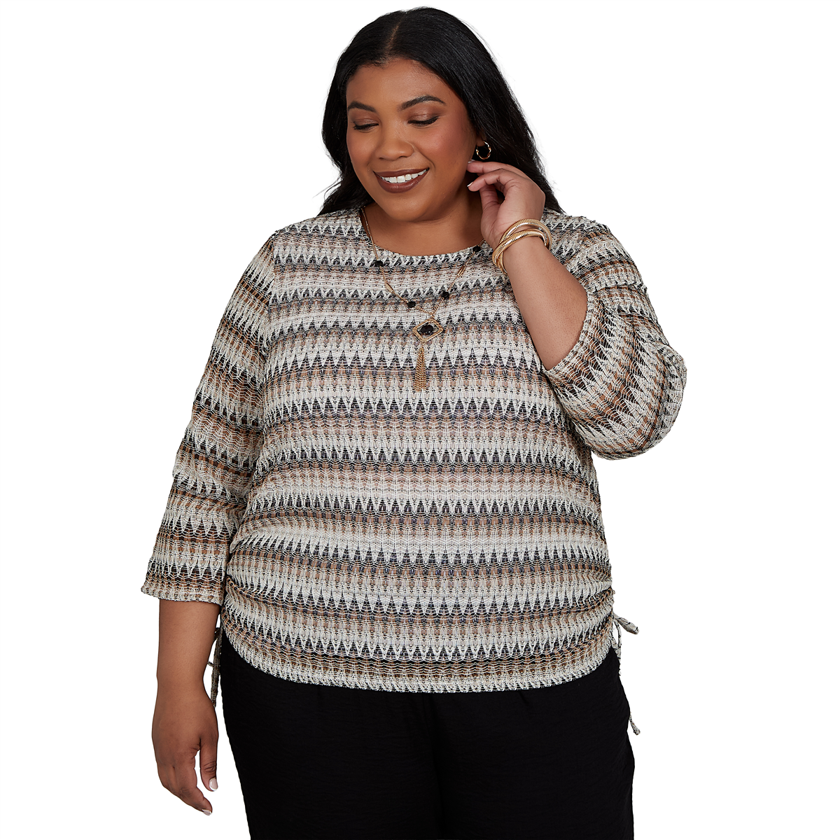 Alfred Dunner Plus Size Travel Advisory Biadere Textured Top with Necklace - Neutral Multi