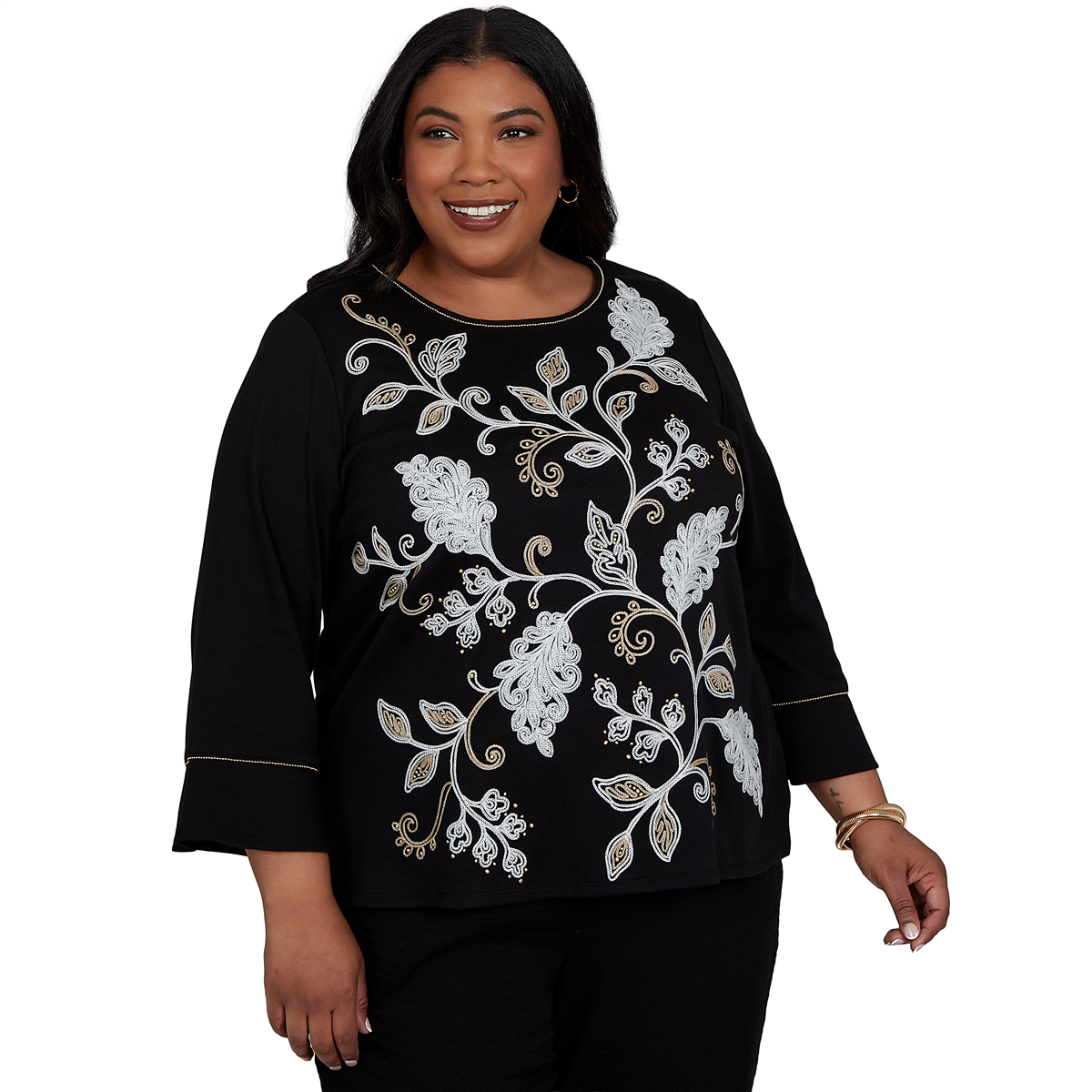 Alfred Dunner Plus Size Travel Advisory Scroll Leaf Embroidered Top - Ebony