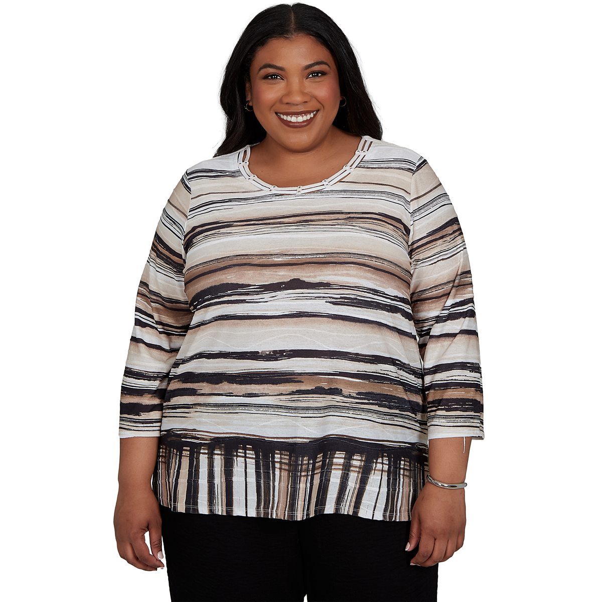 Alfred Dunner Plus Size Travel Advisory Scratched Stripes Knit Top - Neutral Multi