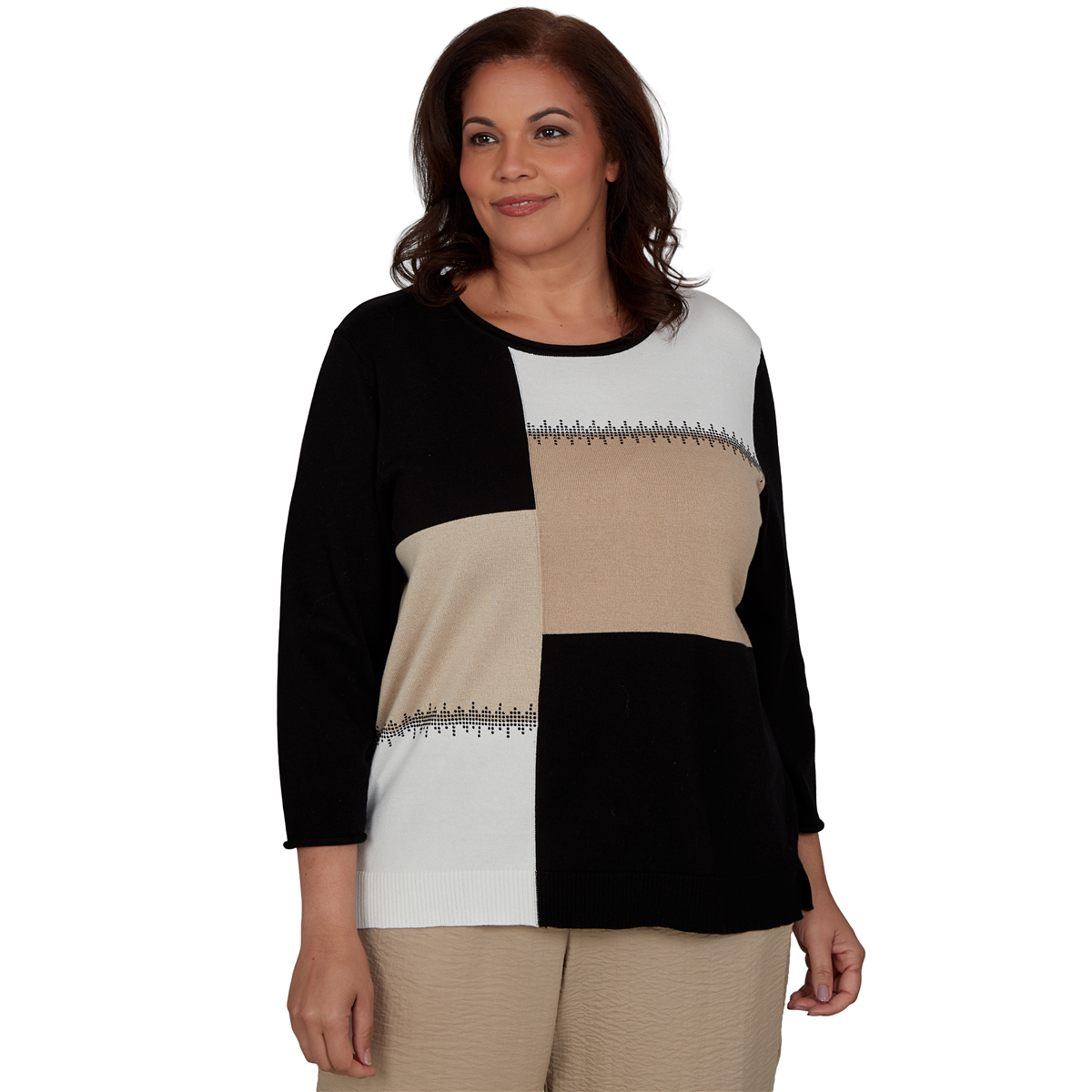 Alfred Dunner Plus Size Travel Advisory Neutral Colorblock Embellished Sweater - Neutral Multi