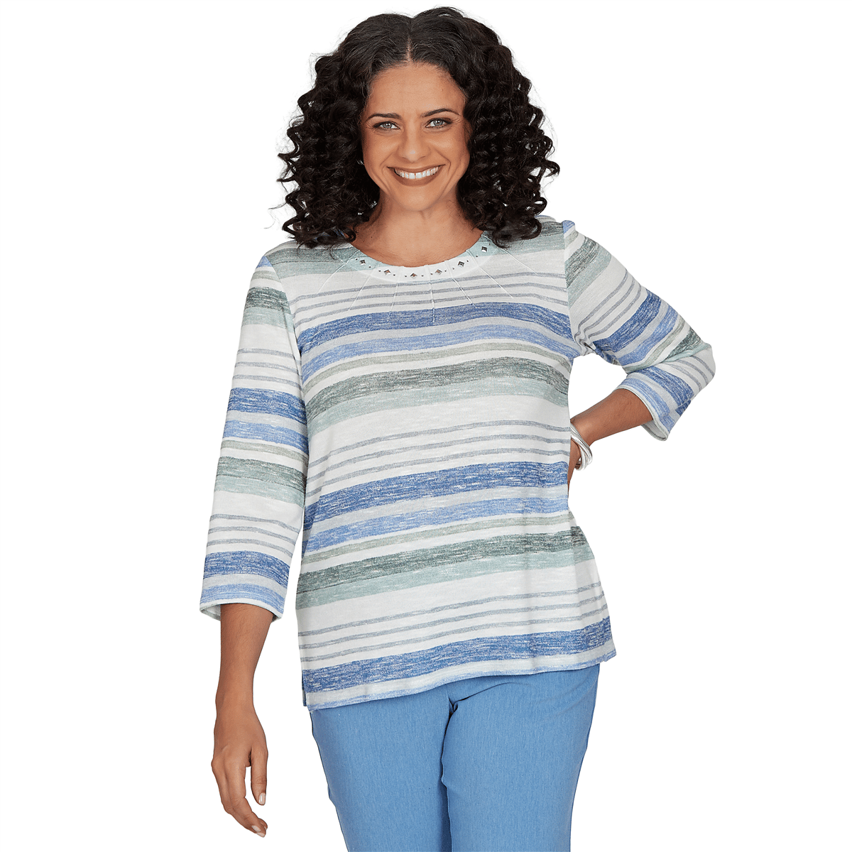 Alfred Dunner Womens Provence Textured Biadere Stripe Knit Top - Bluemul
