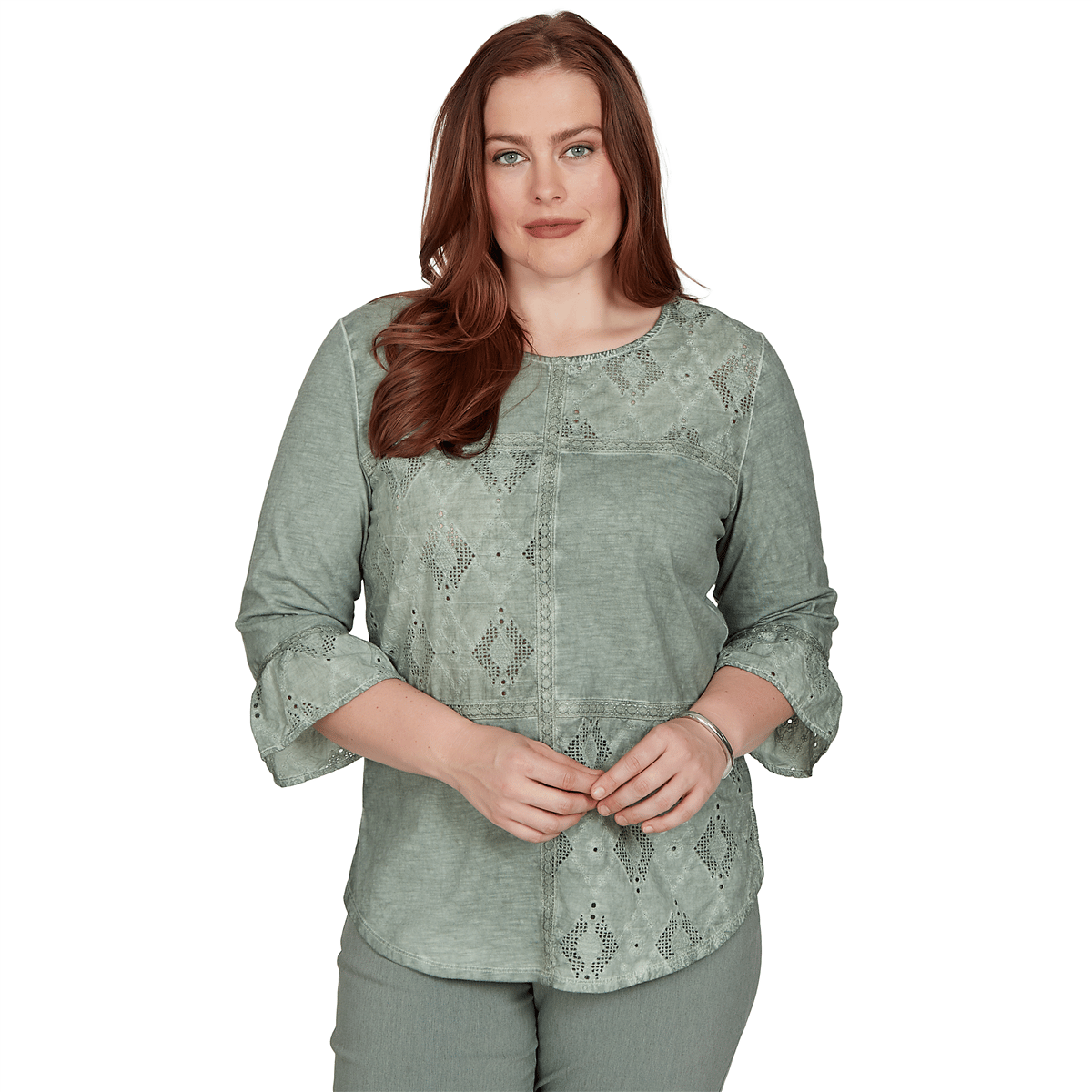Alfred Dunner Womens Provence Tonal Spliced Patchwork Top - Olive