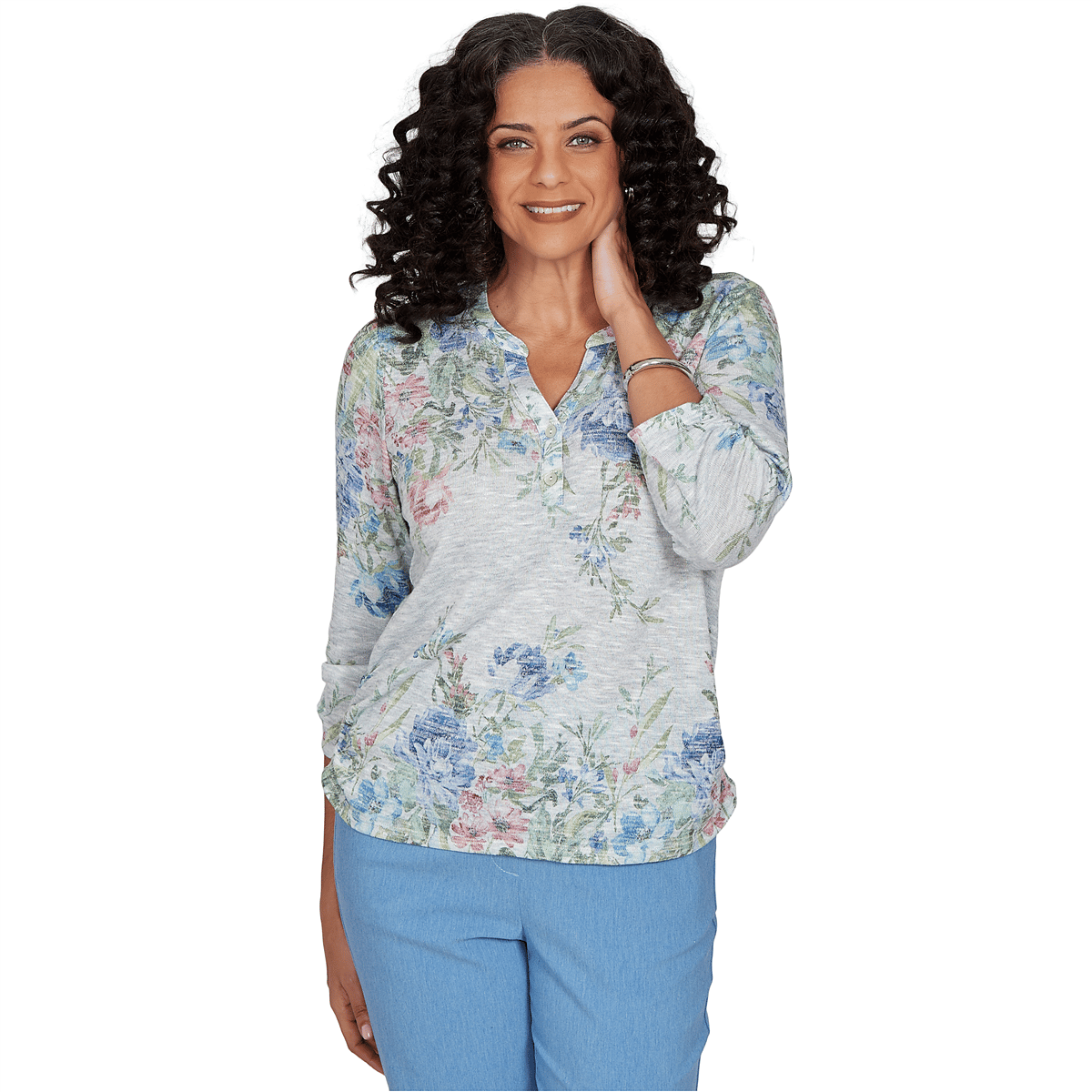 Alfred Dunner Womens Provence Floral Borders Henley Top - Bluemul