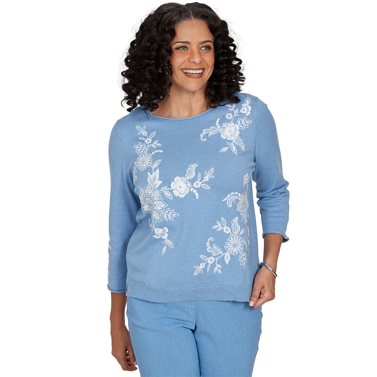 Alfred Dunner Womens Provence Lacey Floral Embroidered Sweater - Wdgwood