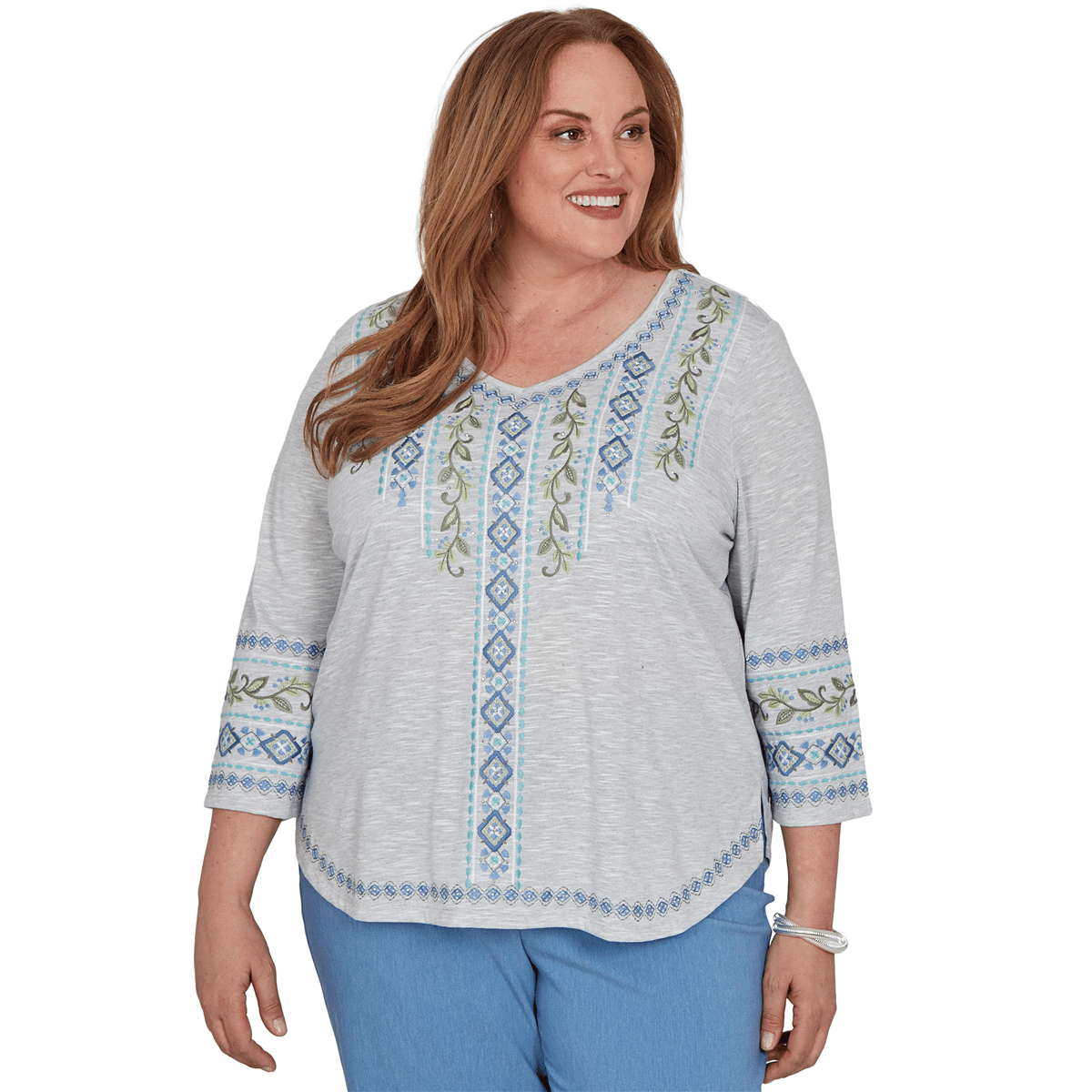 Alfred Dunner Plus Size Provence Center Diamond Embroidered Top - Gray Heather