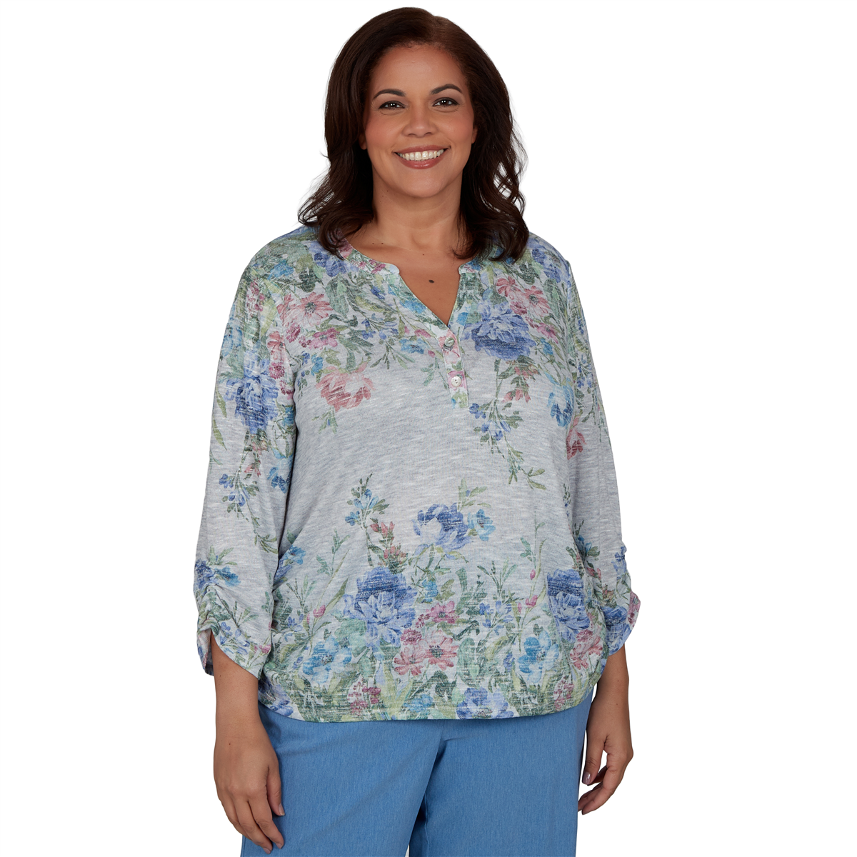 Alfred Dunner Plus Size Provence Floral Borders Henley Top - Blue Multi