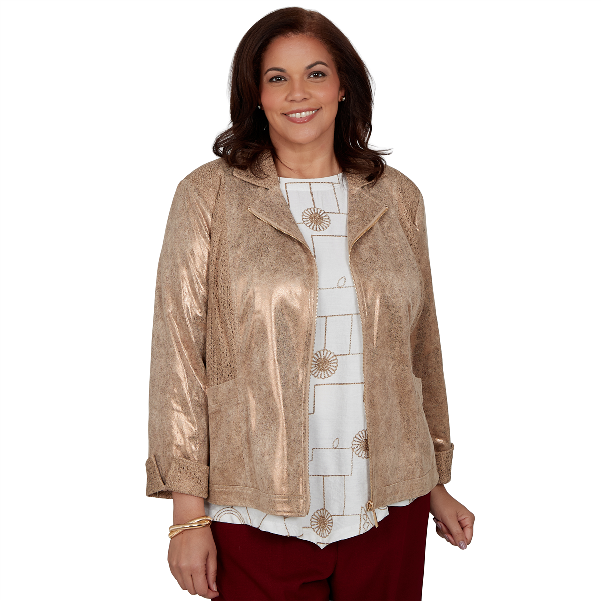 Alfred Dunner Plus Size Union Square Mixed Media Knit Back Jacket - Pecan
