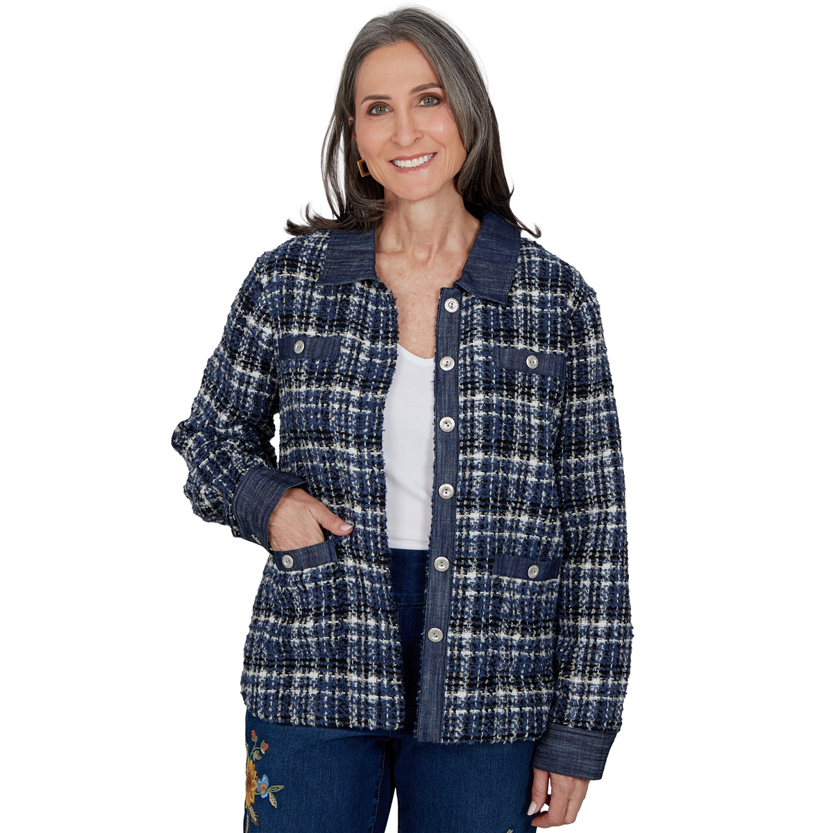 Click here for Petite Alfred Dunner Tuscany Denim Trim Plaid Eyel... prices