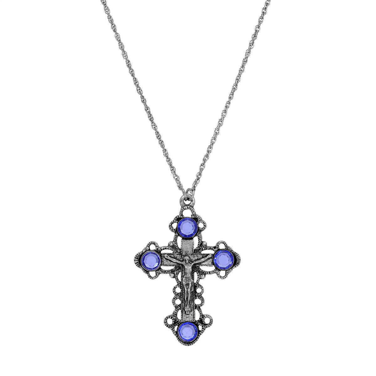 Click here for Symbols of Faith Pewter Blue Crystal Cross Necklac... prices
