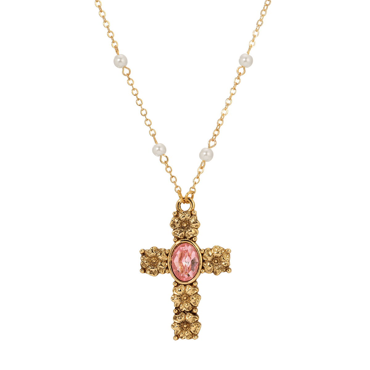 Click here for Symbols of Faith Gold-Tone Cross Pink Oval Faux Pe... prices