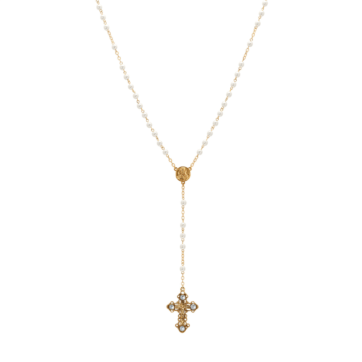 Click here for Symbols of Faith Gold-Tone Crucifix Faux Pearl Bea... prices