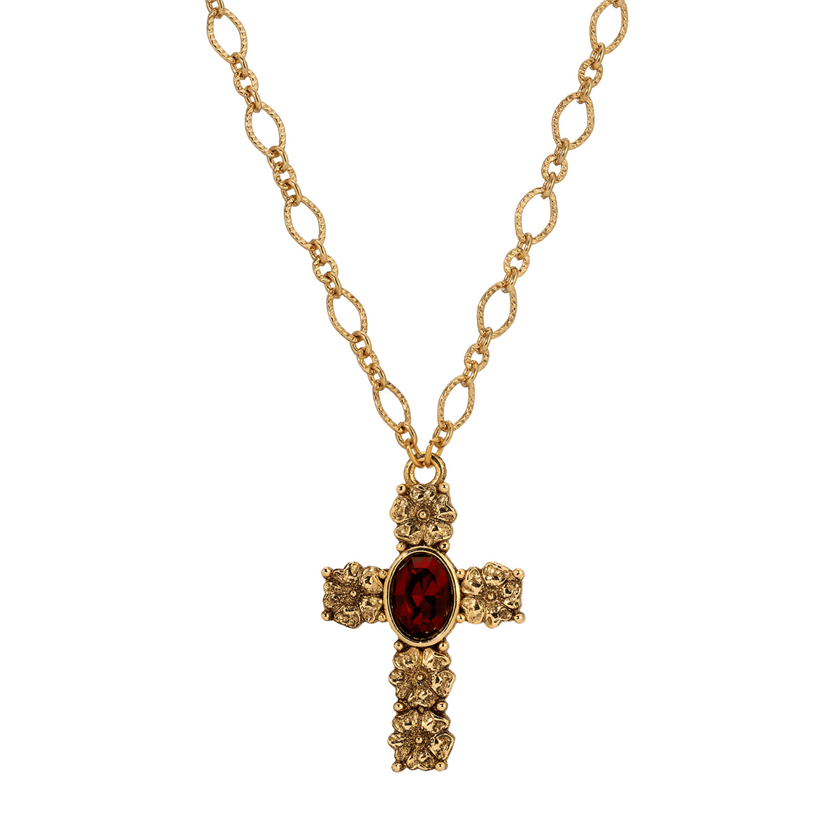 Click here for Symbols of Faith Gold-Tone Flower Cross Garnet Ova... prices