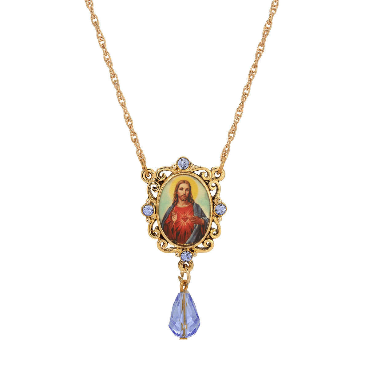 Click here for Symbols of Faith Gold Tone Oval Jesus Pendant Blue... prices