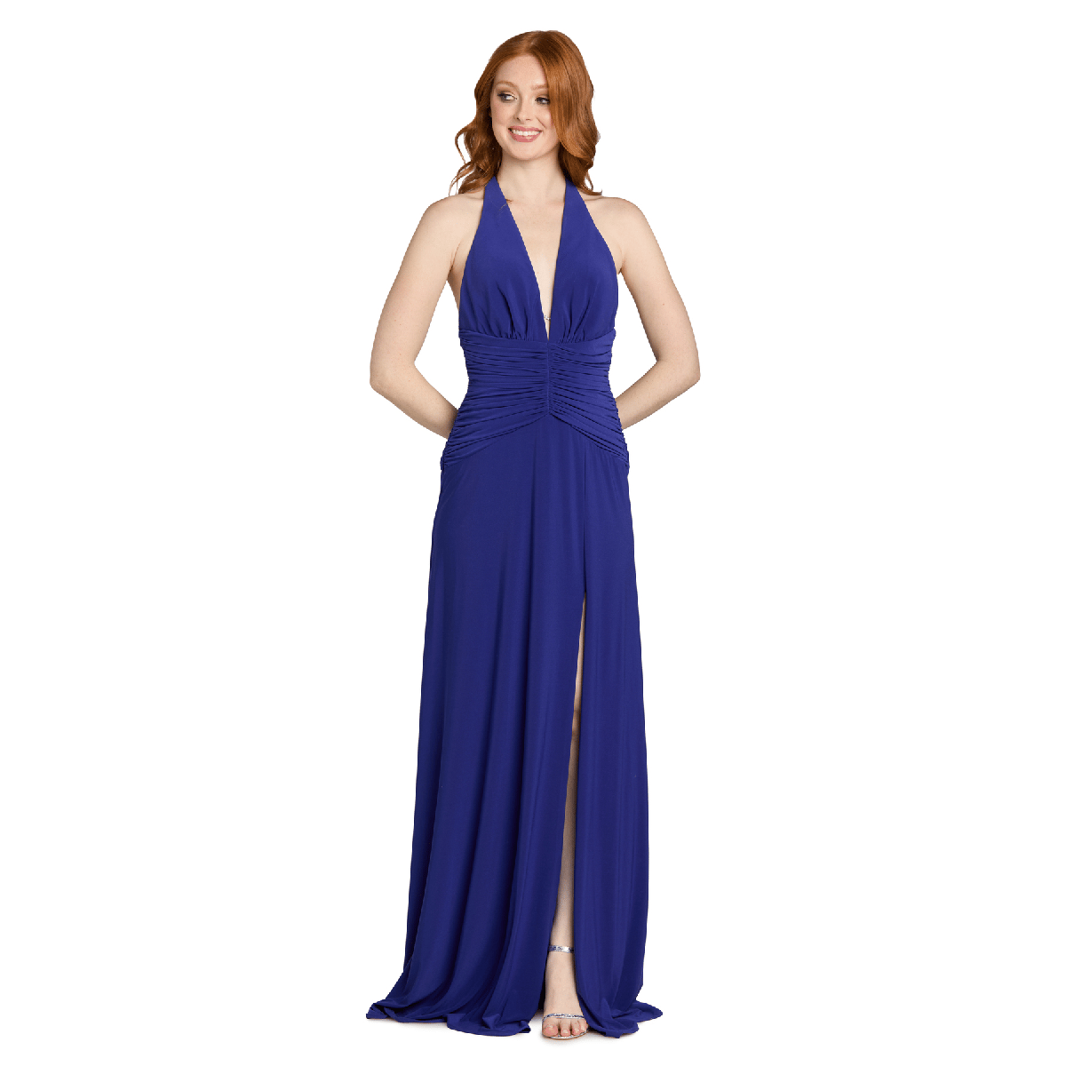 Morgan & Company Juniors Rouched Waist Halter Neck Long Gown - Royal Purple