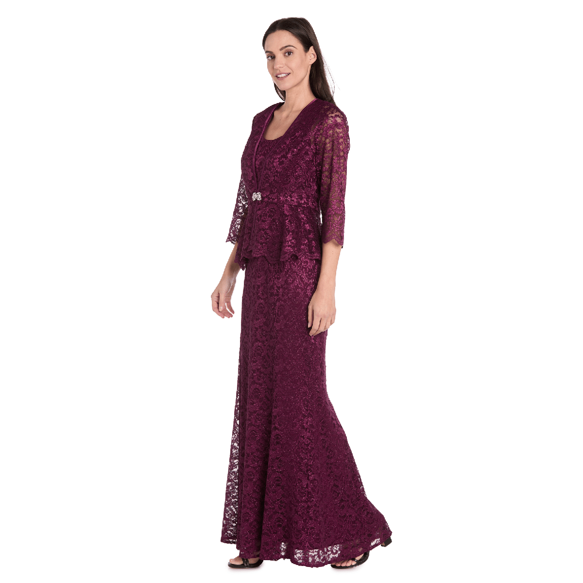 Click here for Womens R&M Richards Long Glitter Lace Jacket Dress prices