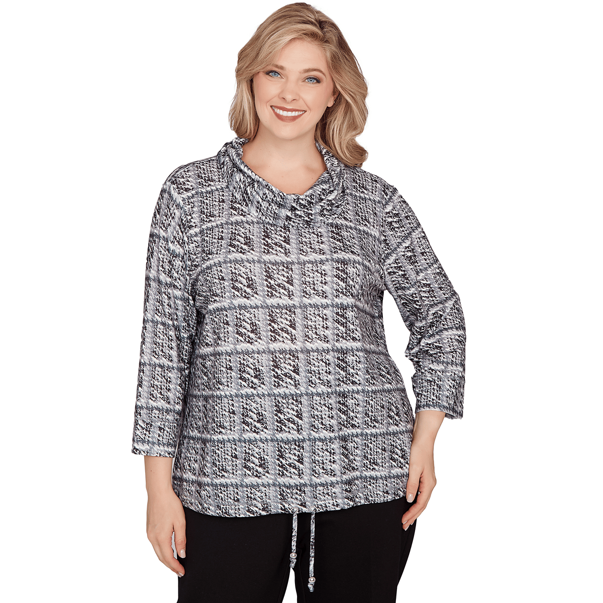 Hearts Of Palm Plus Size Printed 3/4 Sleeve Cowl Neck Blouson Top - Iron Multi