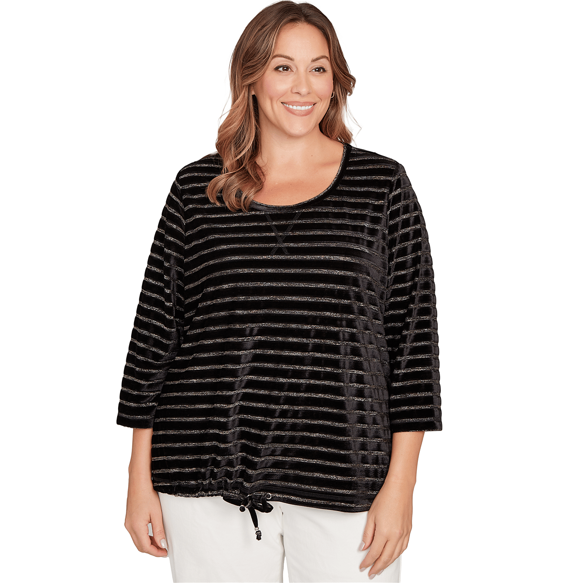 Hearts Of Palm Plus Size Long Sleeve Metallic Stripe Blouson Top - Black Multi