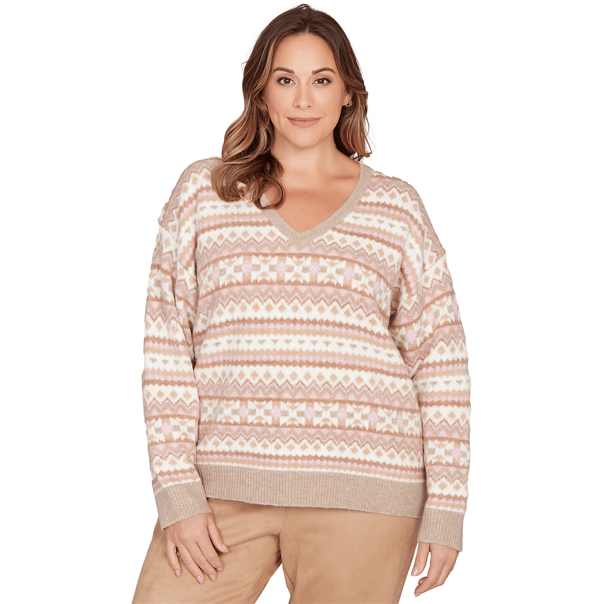 Plus Size Hearts of Palm Makin Me Blush V Neck Fair Isle Sweater