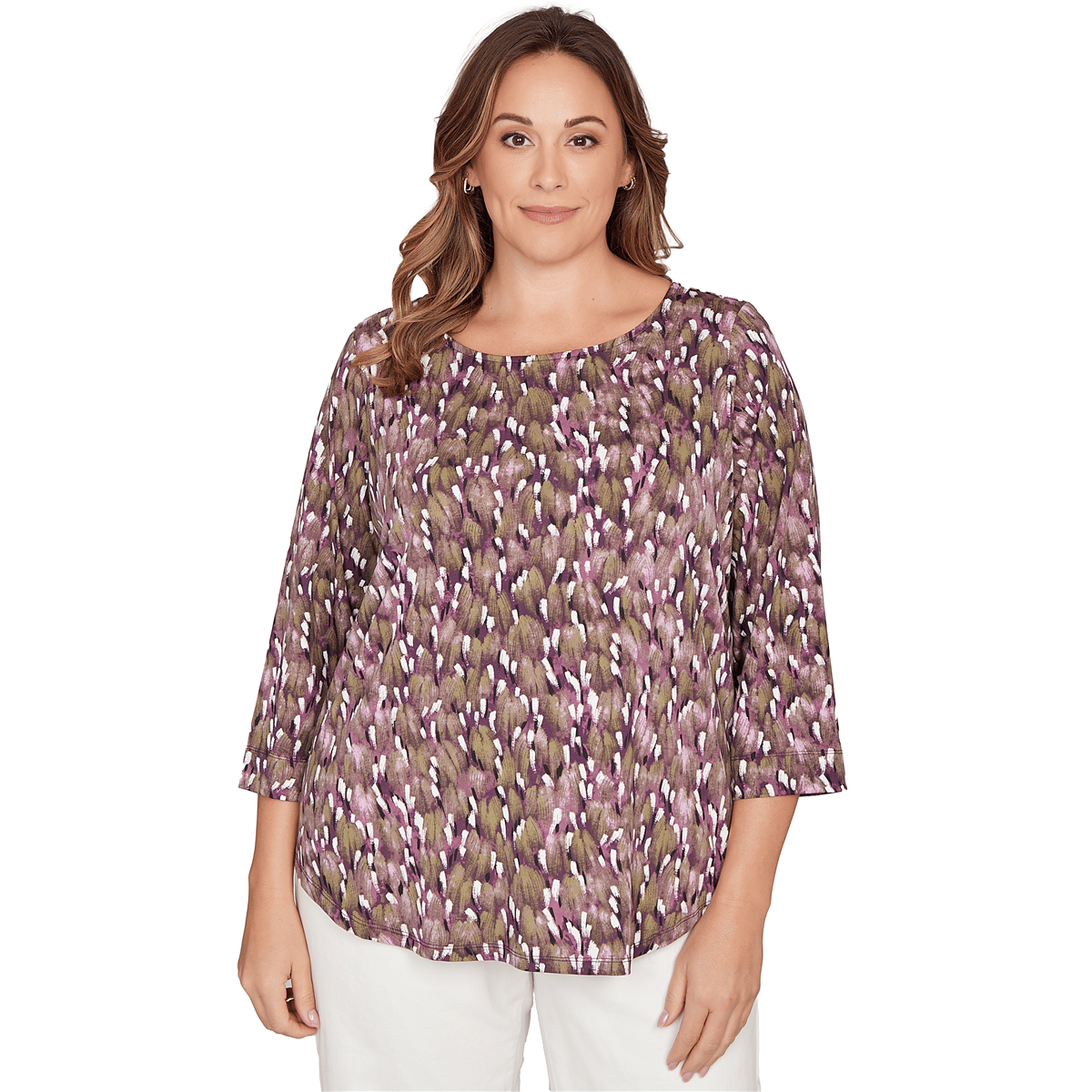 Plus Size Emaline Key Items 3/4 Sleeve Abstract Boat Neck Blouse
