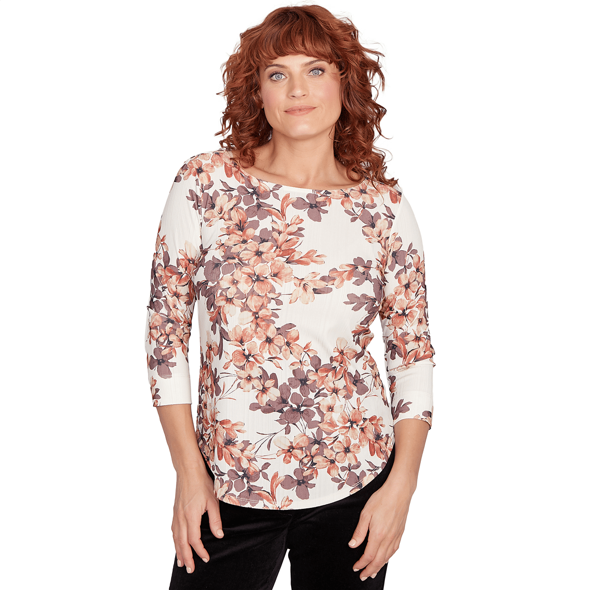 Click here for Petite Emaline Key Items 3/4 Sleeve Floral Boat Ne... prices