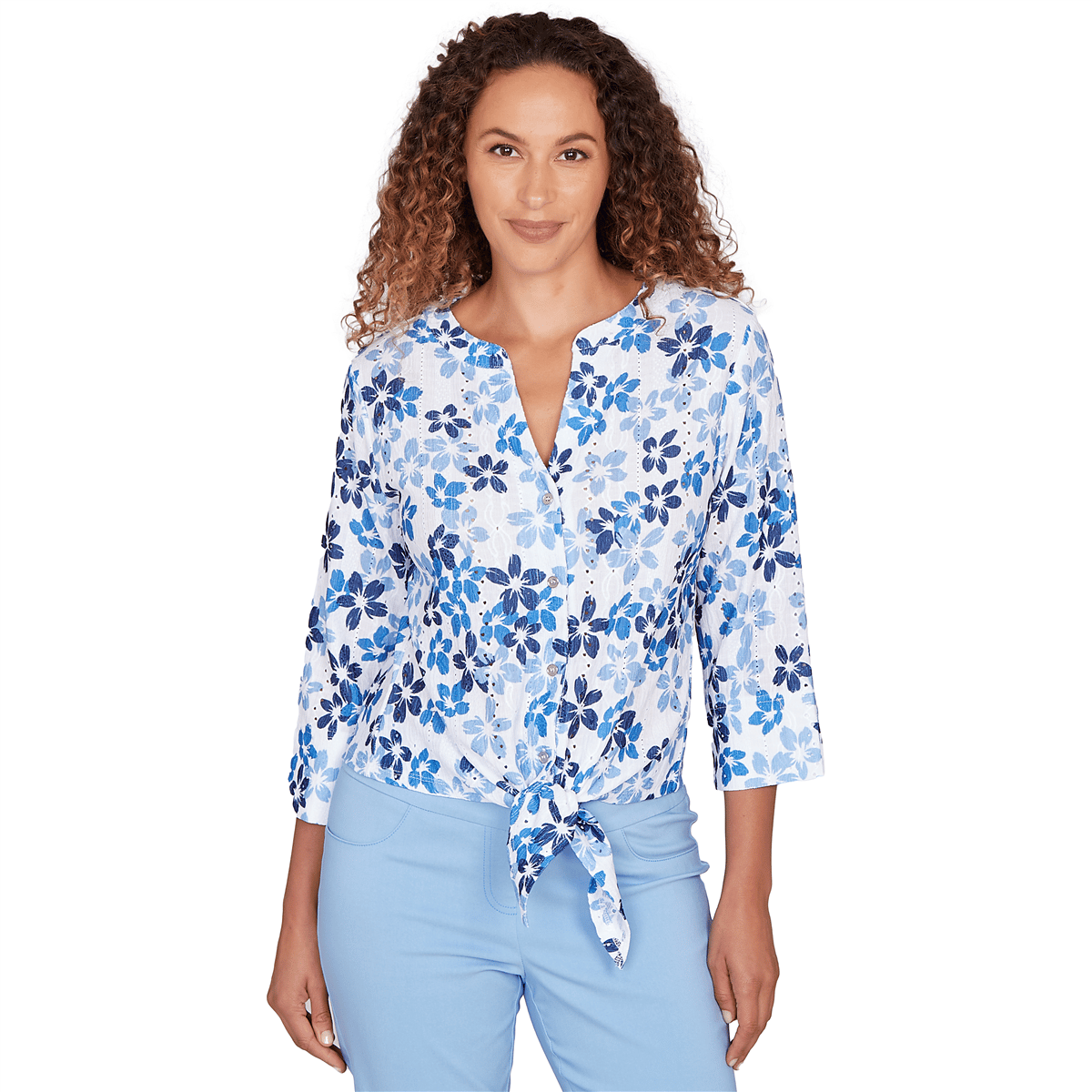 Click here for Petite Hearts of Palm Smooth Sailing 3/4 Sleeve Fl... prices